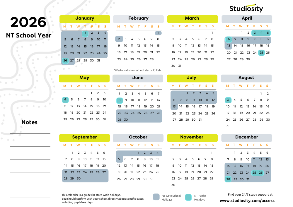 School terms and public holiday dates for NT in 2026 | Studiosity