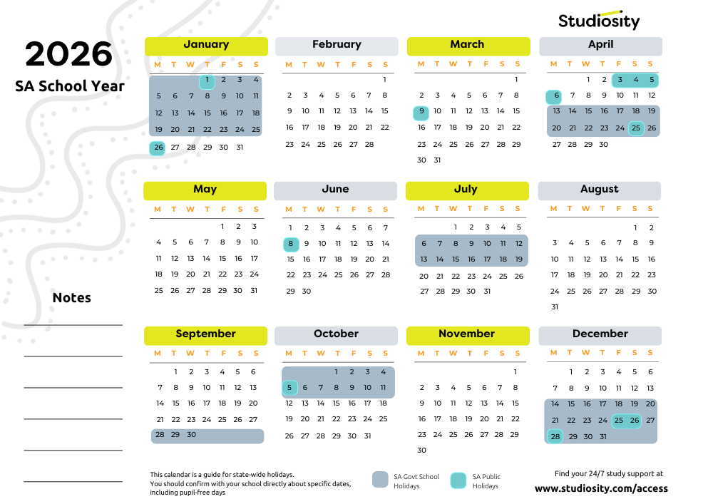 School terms and public holiday dates for SA in 2026 | Studiosity
